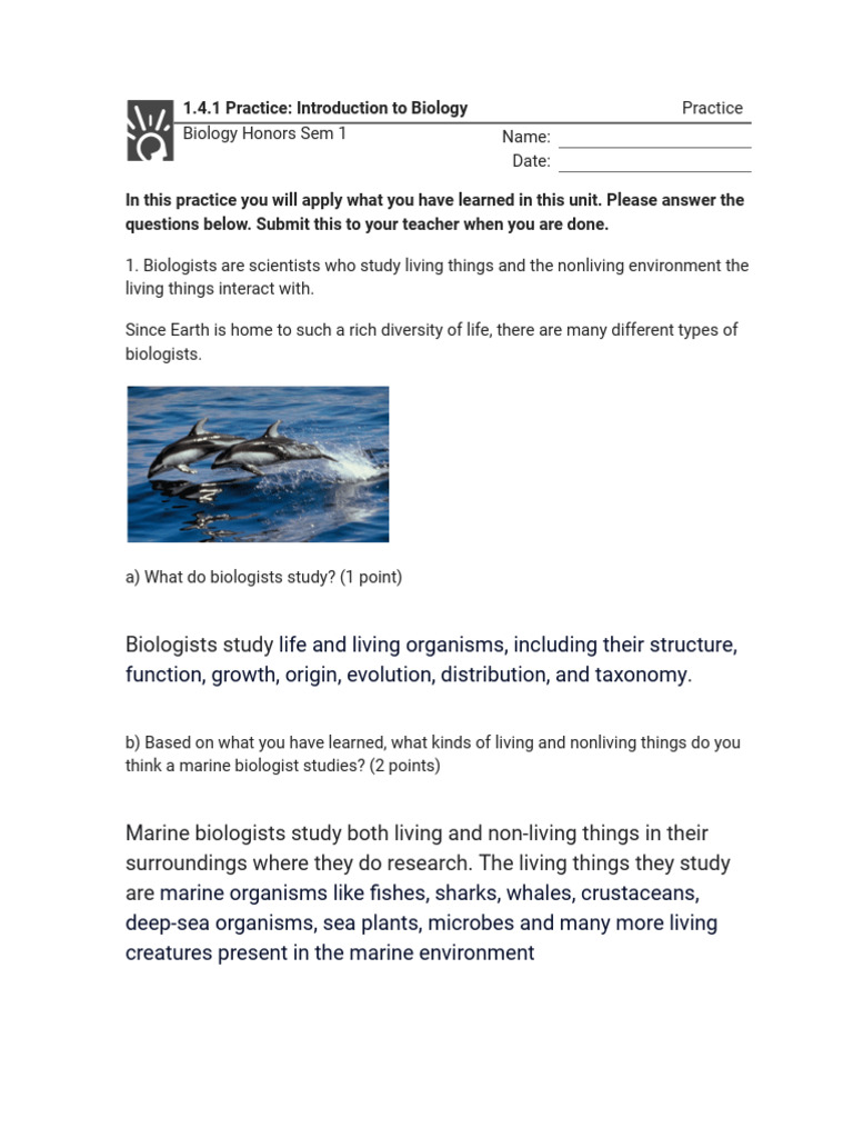1.4.1 Practice - Introduction To Biology (Practice) | PDF | Petroleum | Marine Biology