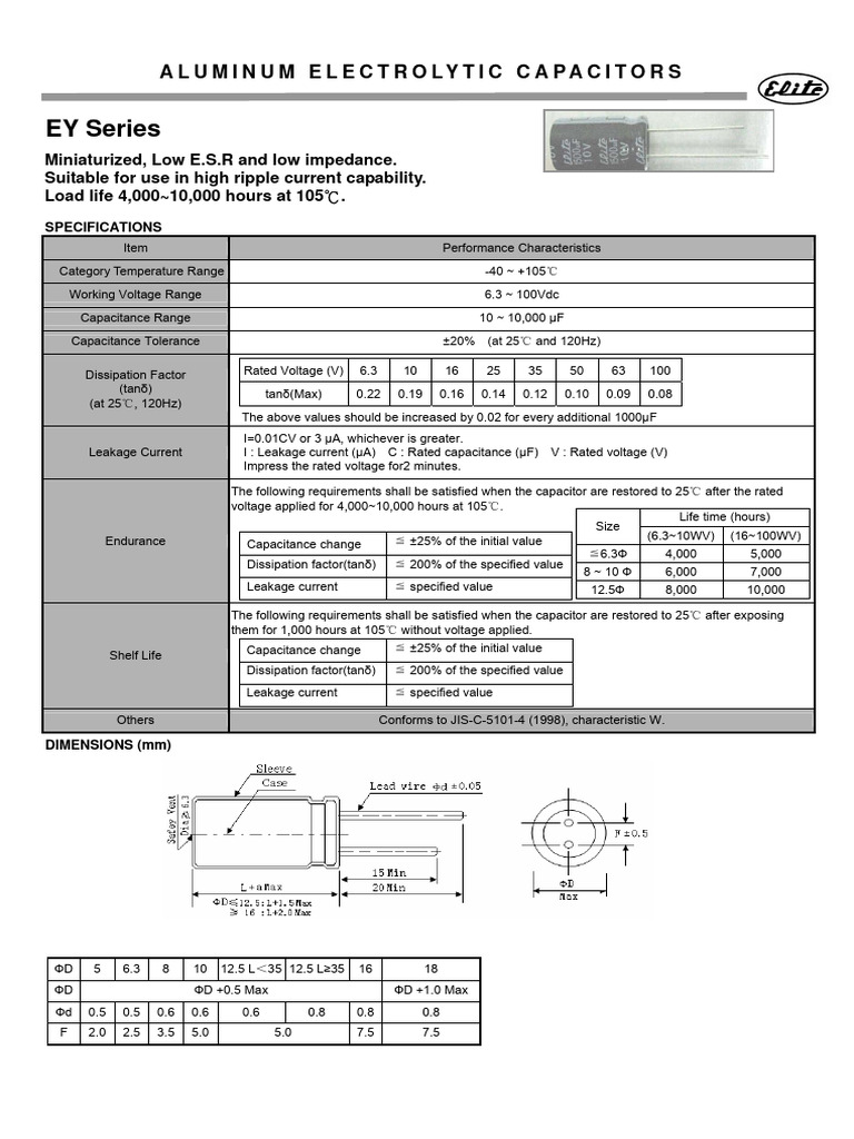 Elite (Radial Thru-Hole) EY Series | Download Free PDF | Capacitor ...