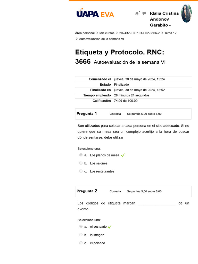 Autoevaluación de La Semana VI (ETIQUETA Y PROTOCOLO) | PDF