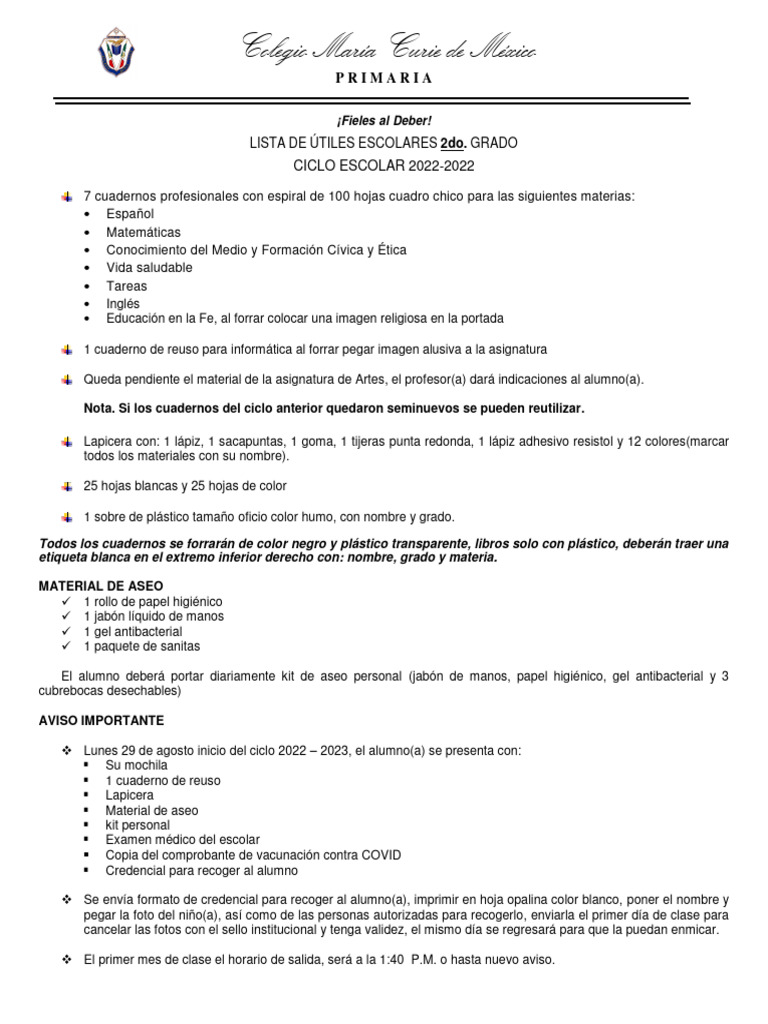 2o. Grado Lista de Ã - Tiles Escolares Ciclo Escolar 22 23 | PDF