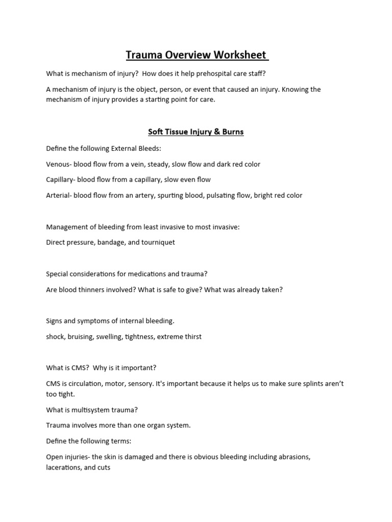 Worksheet Trauma Overview EMT1 | Download Free PDF | Wound | Vein
