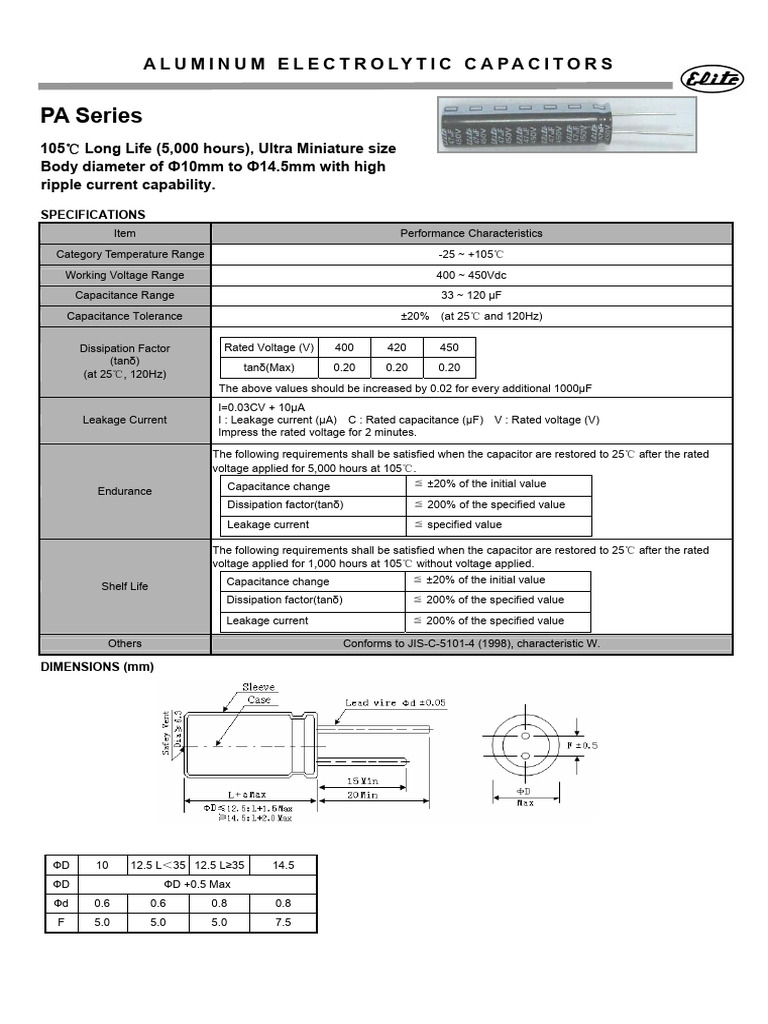 Elite (Radial Thru-Hole) PA Series | PDF | Capacitor | Electrical Equipment