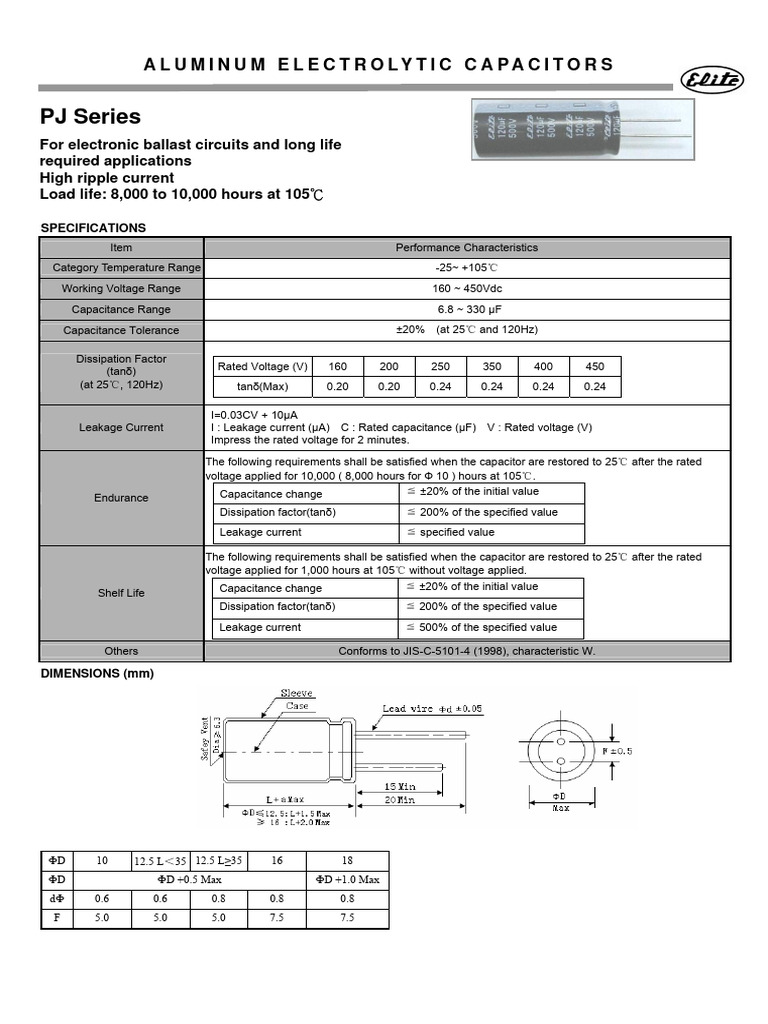 Elite (Radial Thru-Hole) PJ Series | PDF | Capacitor | Electrical Components