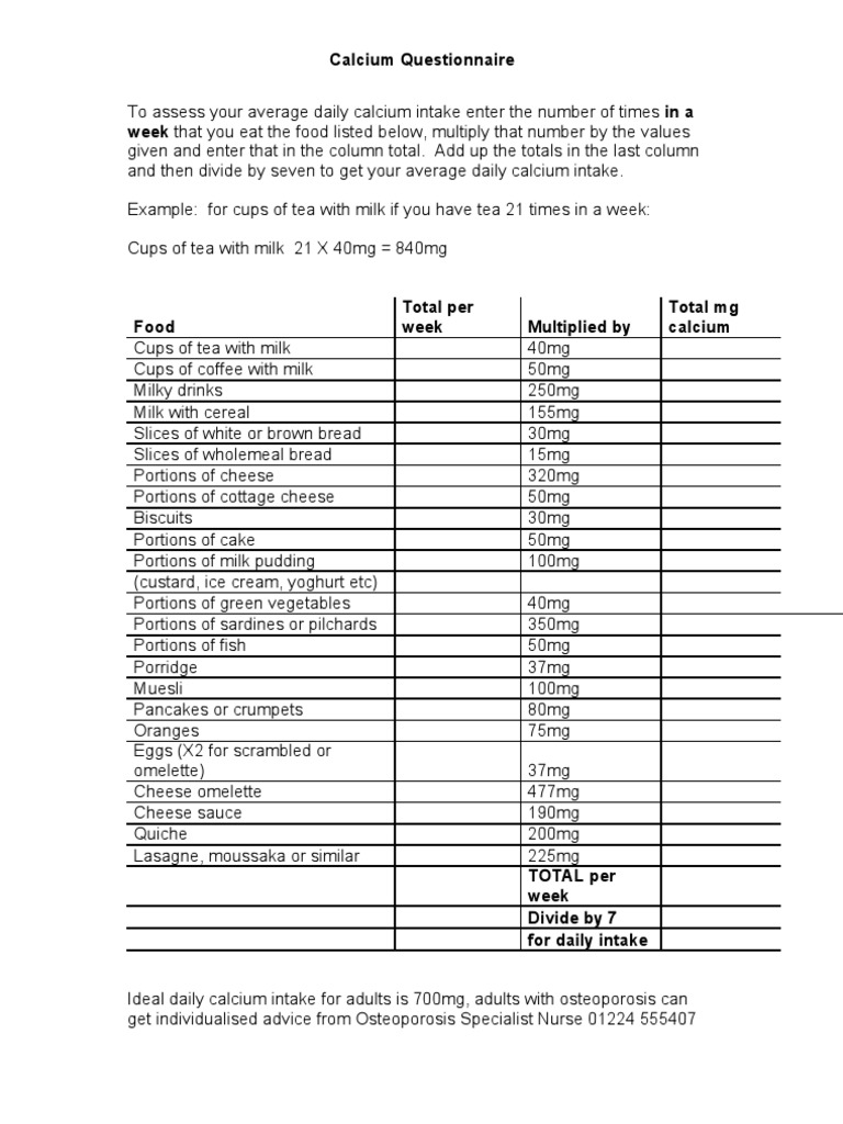 Calcium Questionnaire