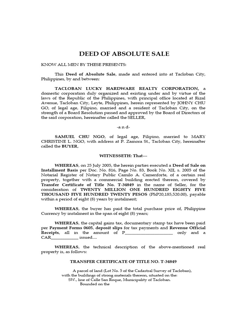 Deed of Absolute Sale | PDF | Taxes | Deed