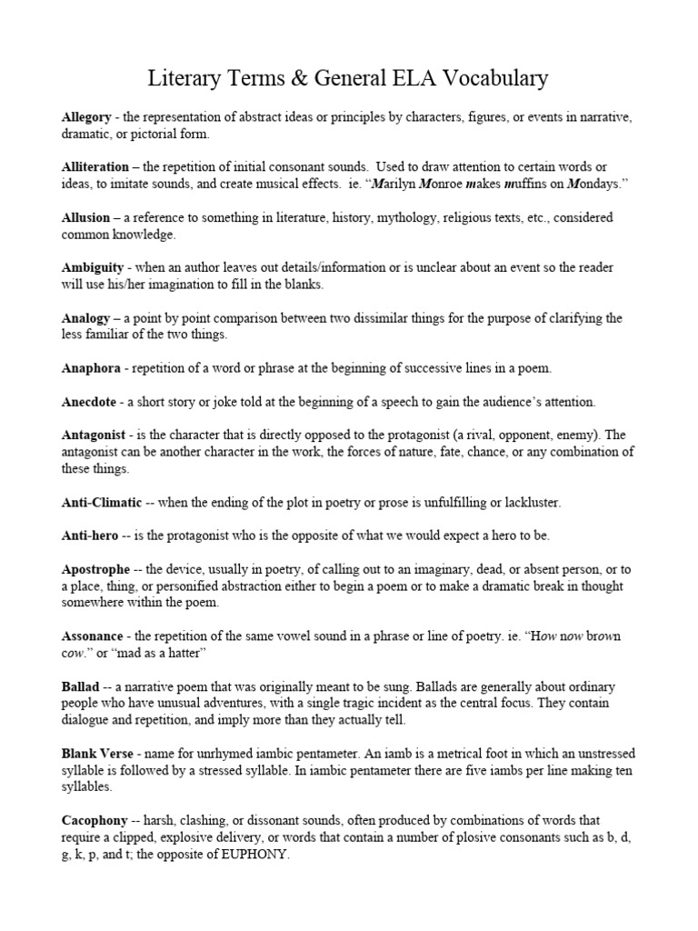 Literary Terms General ELA Vocabulary2 | PDF | Poetry | Narration