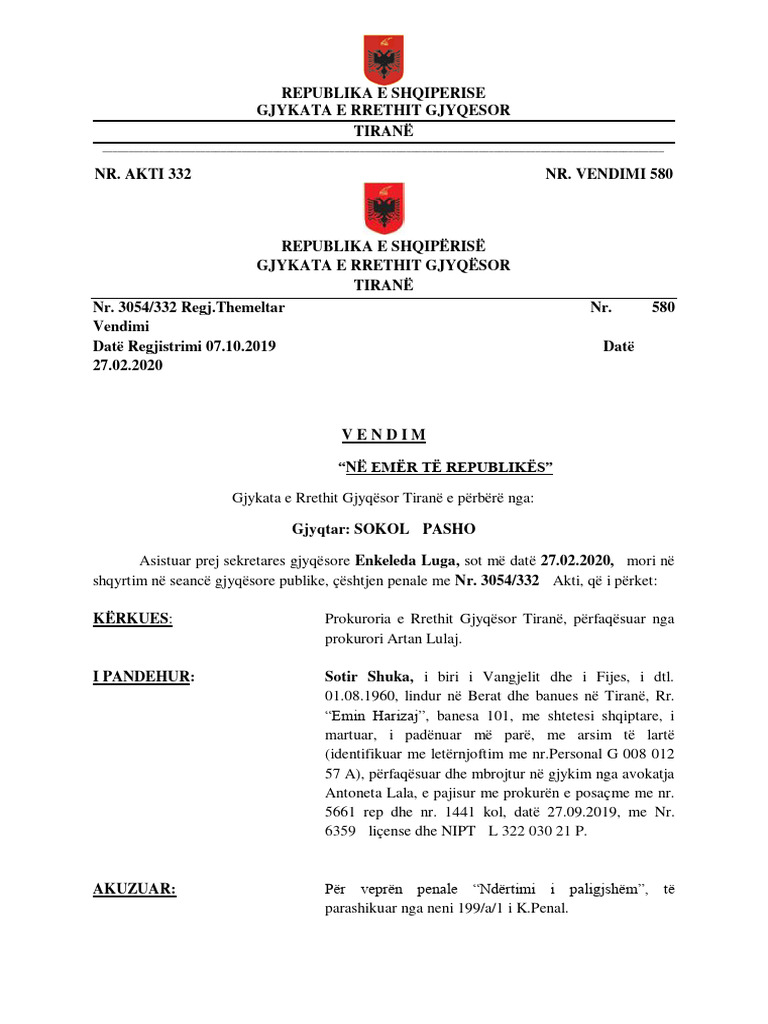 Gjykata e Rrethit Gjyqësor Tiranë, Vendim NR - 580 | PDF