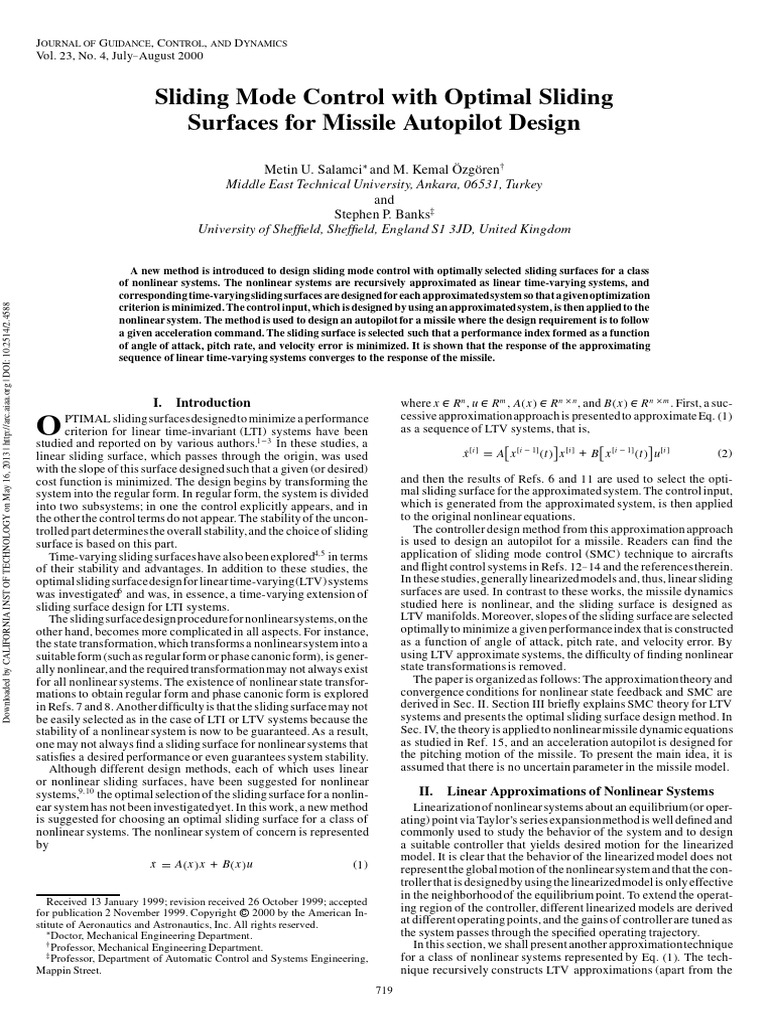 Sliding Mode Control With Optimal Sliding Surfaces For Missile Autopilot Design | PDF ...