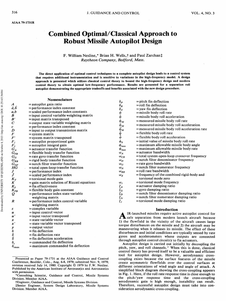 Combined Optimal/Classical Approach To Robust Missile Autopilot Design | PDF | Control Theory ...