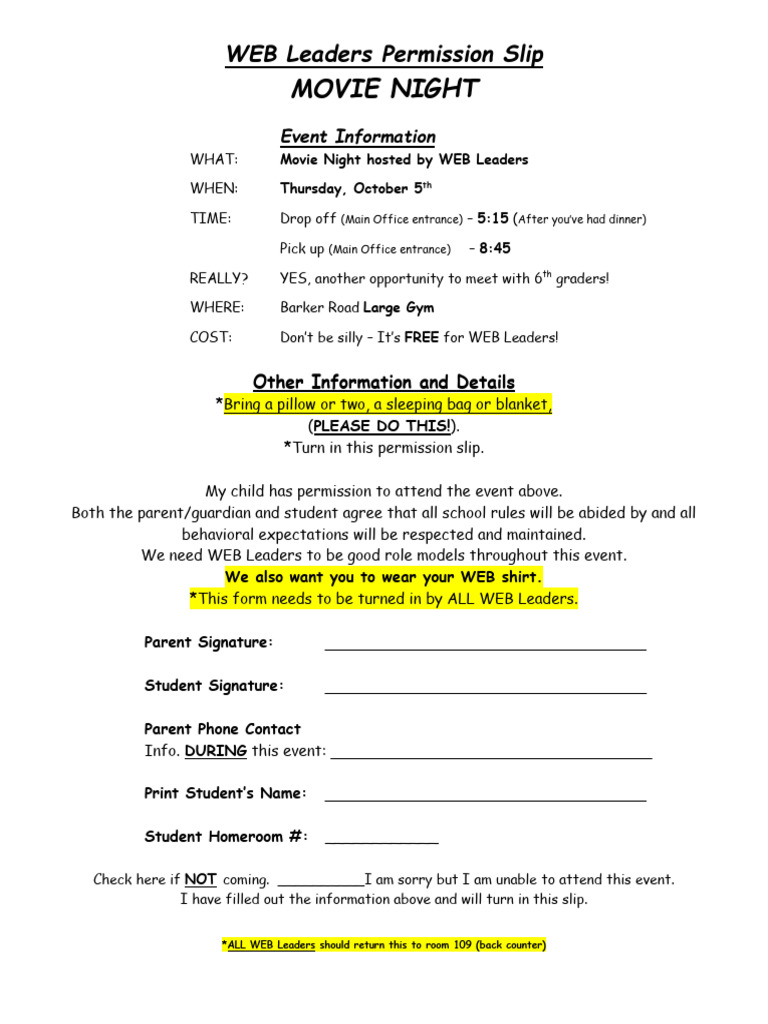 WEB Leaders Movie Night Permission Slip | PDF | Career & Growth