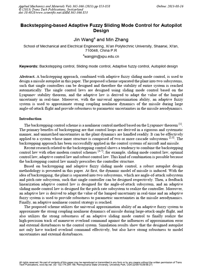 Backstepping-Based Adaptive Fuzzy Sliding Mode Control For Autopilot Design | PDF | Control ...