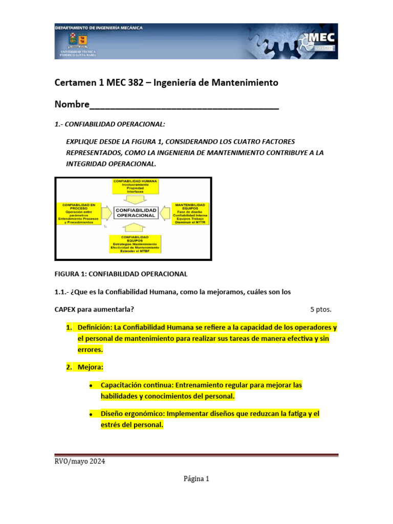 MEC 382 Certamen 1 Mayo 2024 | PDF | Ingeniería de confiabilidad | Software