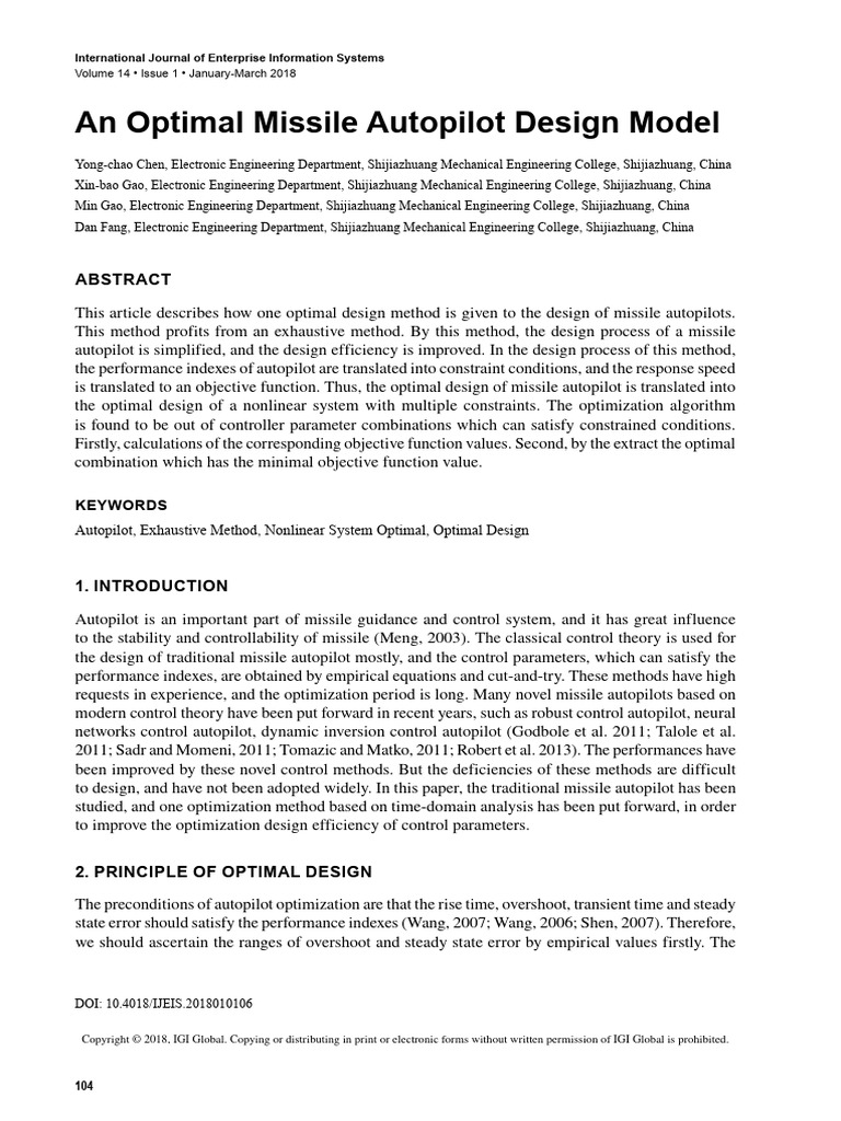 An Optimal Missile Autopilot Design Model | PDF | Mathematical Optimization | Control Theory