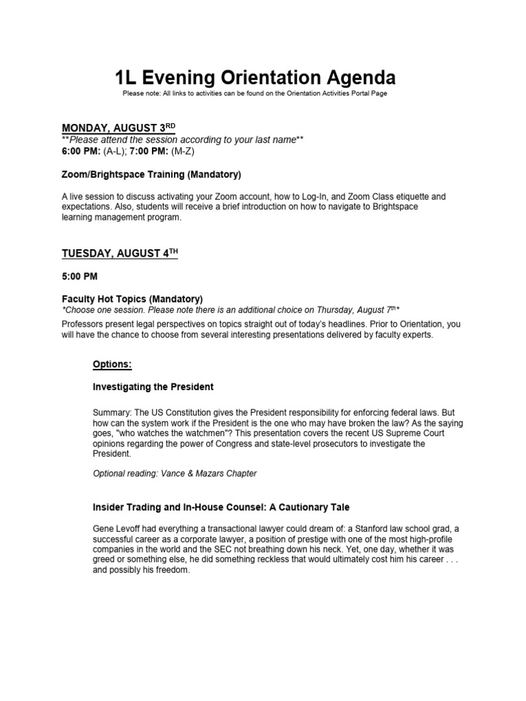 1l Evening Orientation Schedule | PDF | Justice | Crime & Violence