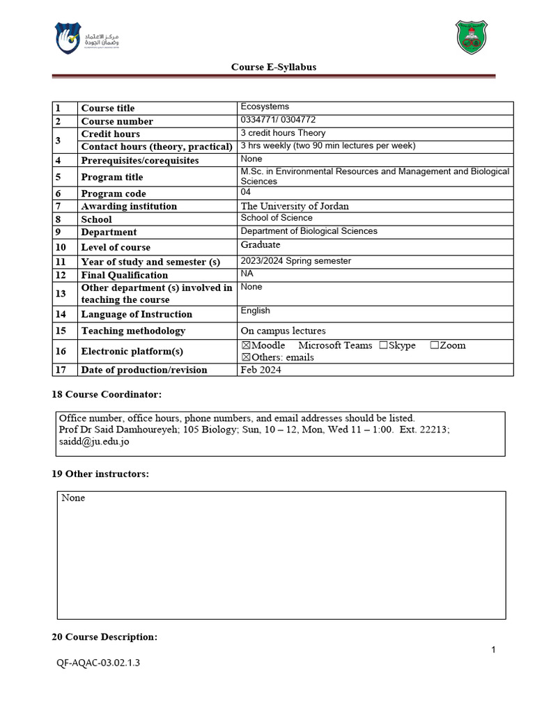 Course Syllabus 0334771 Spring 2024 | PDF | Ecosystem | Forests
