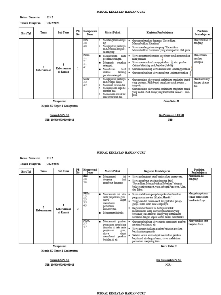 Jurnal Kelas 2 Tema 8 | PDF