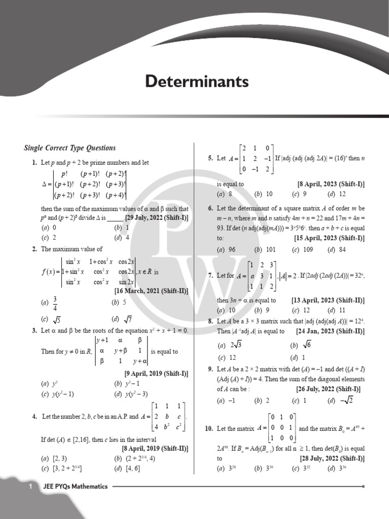 Determinants - PYQ Practice Sheet | PDF | Determinant | Matrix (Mathematics)