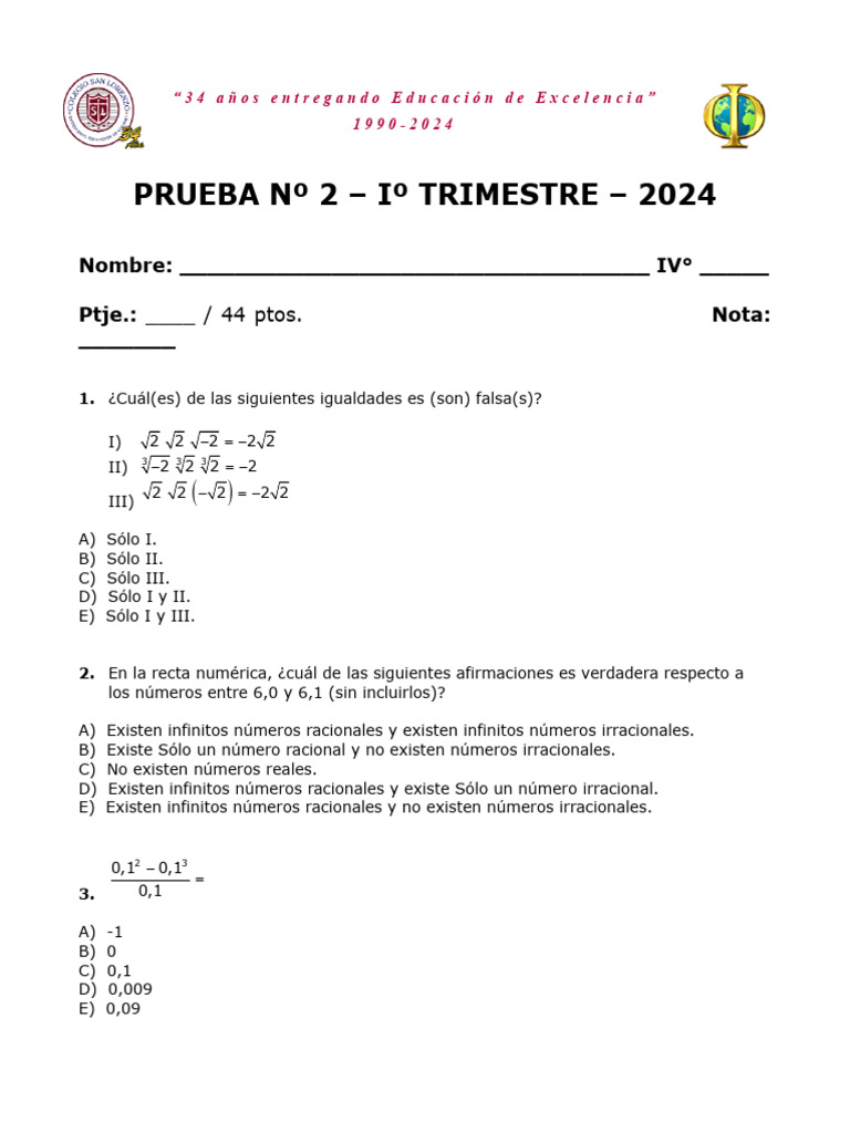 Prueba de Matemáticas I Trim 2024 | PDF | Matemática Elemental | Números