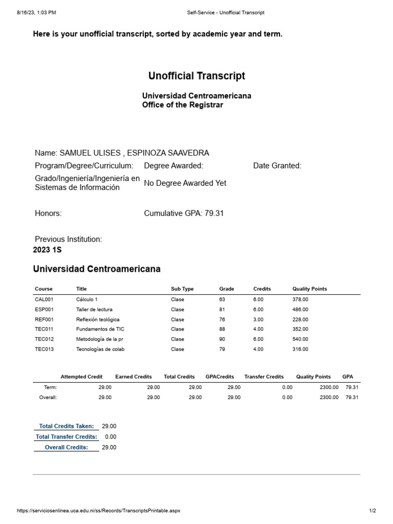 Self-Service - Unofficial Transcript | PDF | Student Assessment And ...