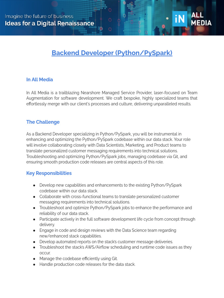 Python/PySpark Backend Developer Role | PDF | Apache Spark | Apache Hadoop