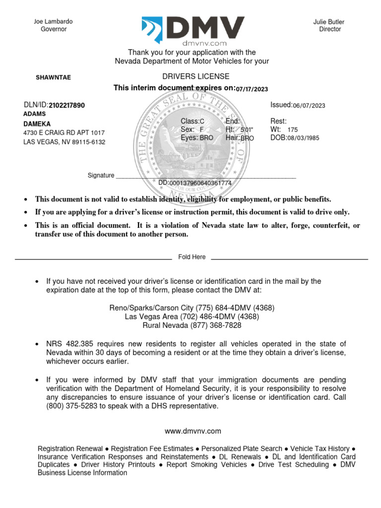 Nevada DMV Driver's License Document | PDF | Driver's License ...