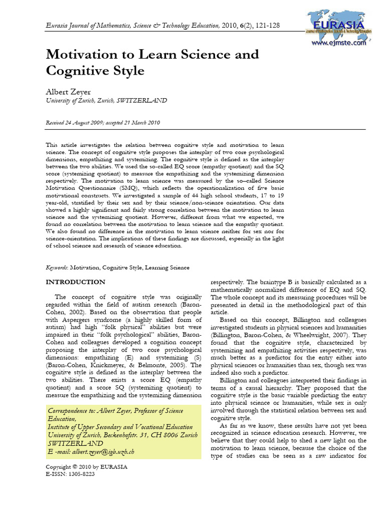 Motivation To Learn Science and Cognitve Style (Zeyer, 2010) | PDF ...