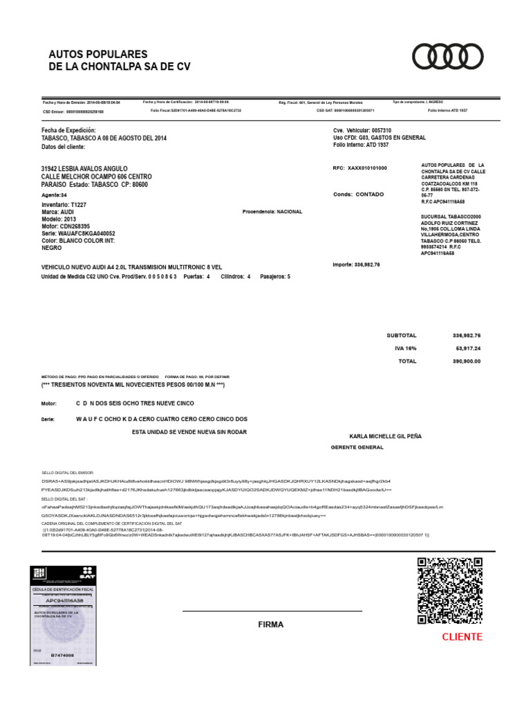 Factura AUDI | PDF | Vehículos terrestres | Industria automotriz