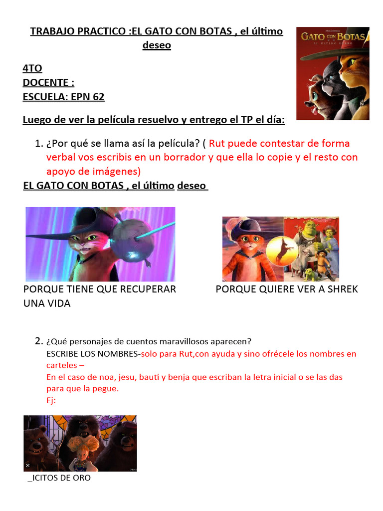 Actividades del Gato con Botas 4to Grado | PDF