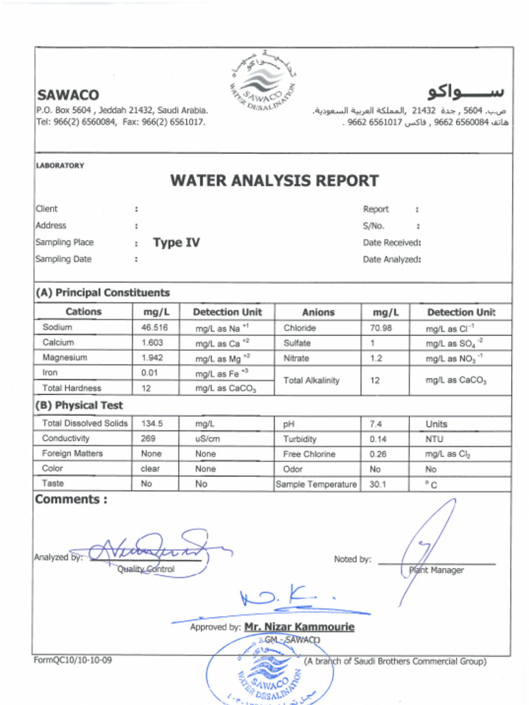 SAWACO Water Type IV | PDF