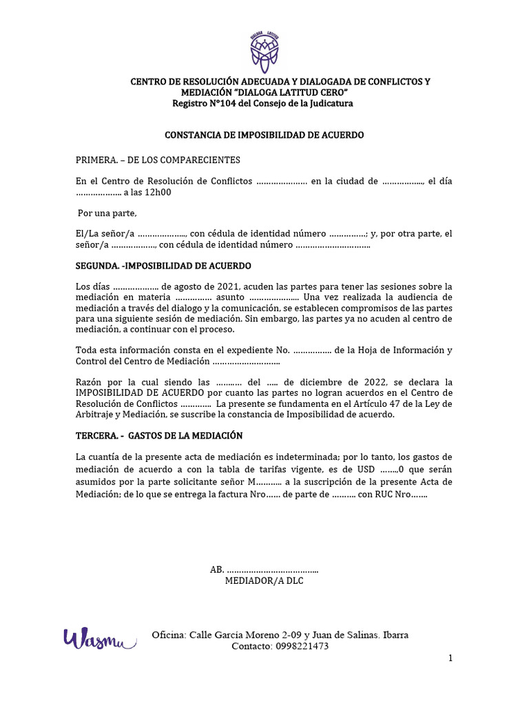Constancia de Imposibilidad de Acuerdo | PDF | Derecho