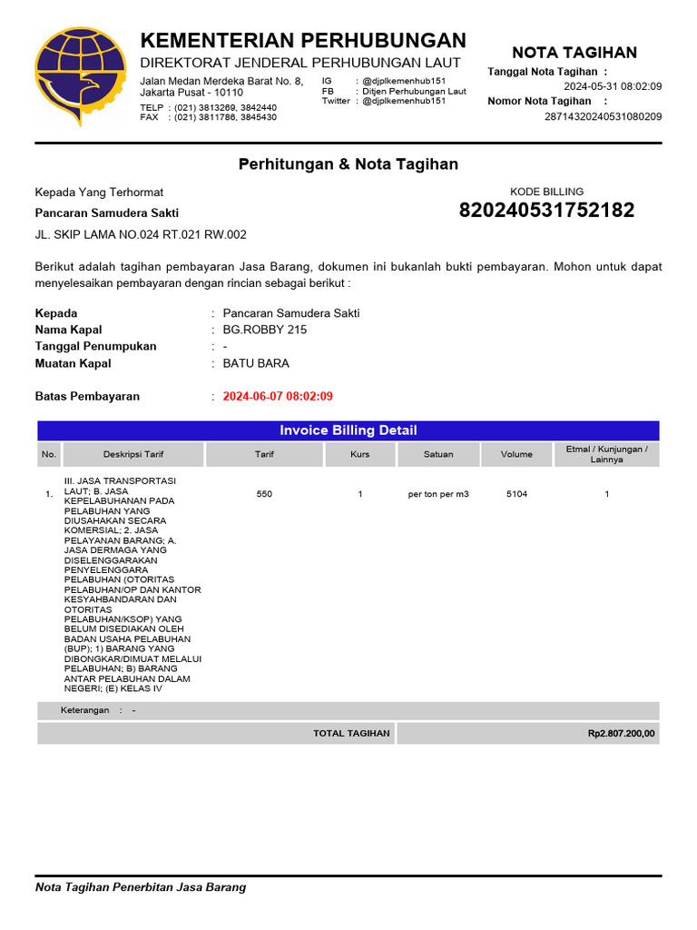 Nota Tagihan Jasa Transportasi Laut | PDF