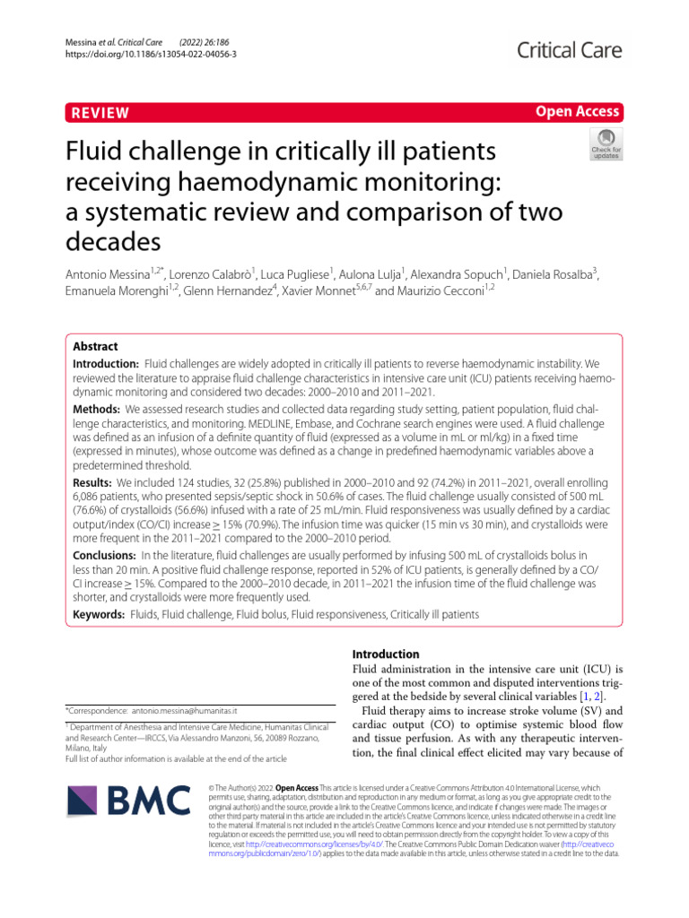 Fluid Challenge in Critically Ill Patientes Bajo Monitoreo Hemodinamico ...