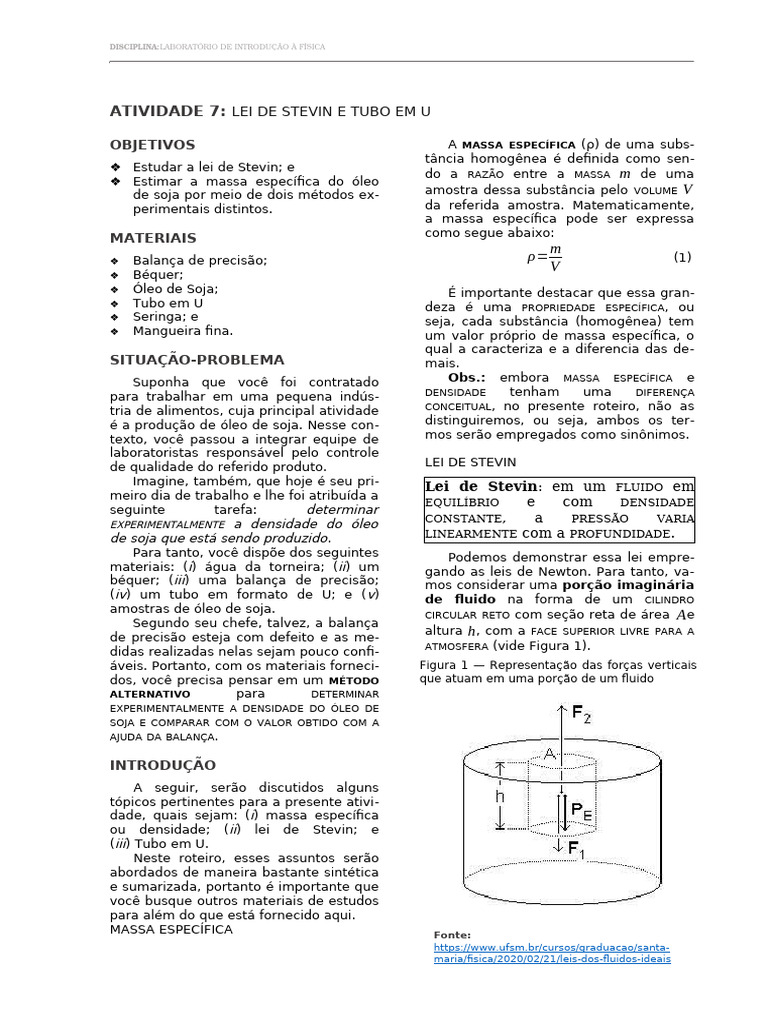 Roteiro 7 Lei de Stevin | PDF | Densidade | Massa