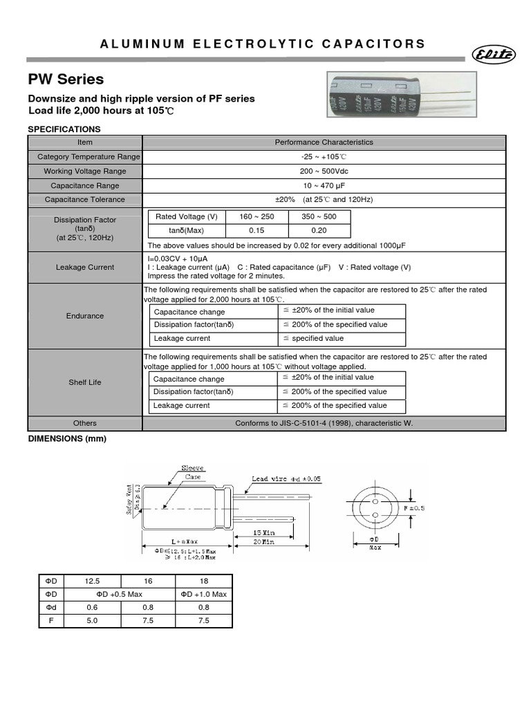 Elite (Radial Thru-Hole) PW Series | PDF | Capacitor | Capacitance