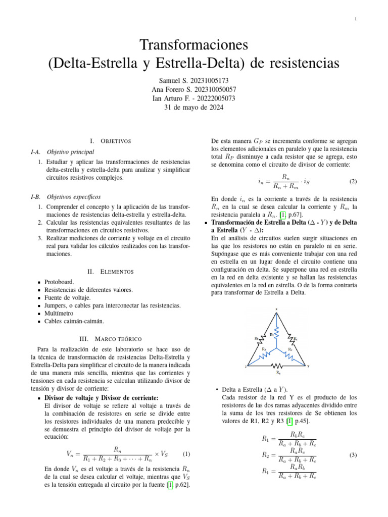 Laboratorio IV Transformaciones Delta Estrella y Estrella Delta de ...