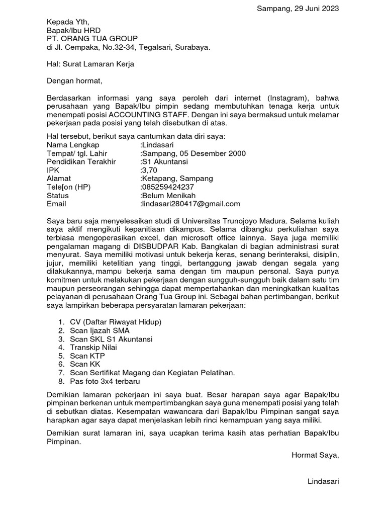 CV Surat Lamaran Kerja - Accounting Staff | PDF