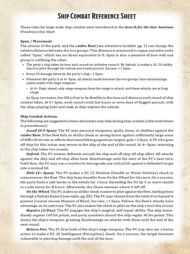 Search For The Star Sanctum - Ship Combat Reference Sheet | PDF | Military | Warfare