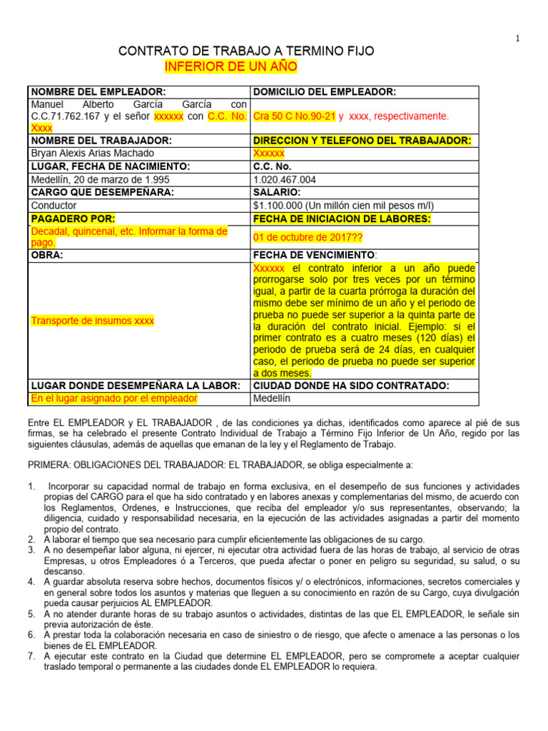 Contrato Laboral a Término Fijo | PDF | Derecho laboral | Salario