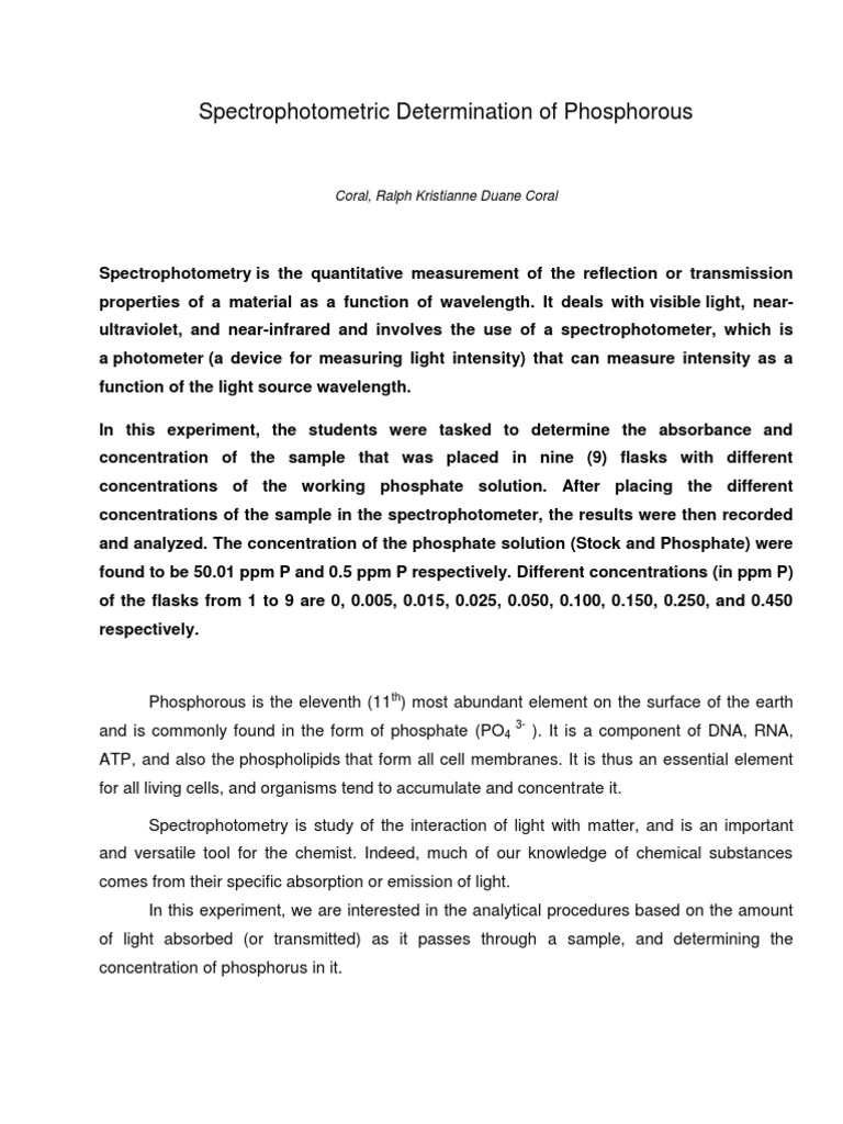 Spectrophotometric Determination of Phosphorous Paper | PDF ...