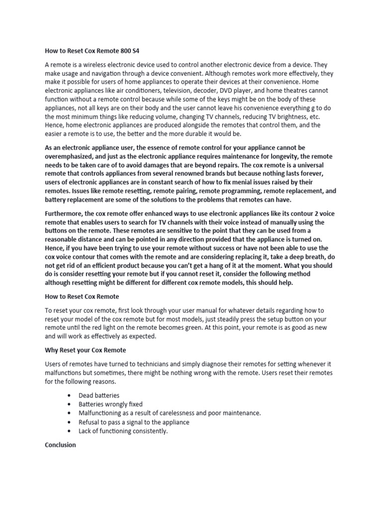 How To Reset Cox Remote 800 S4 | PDF | Remote Control | Home Appliance