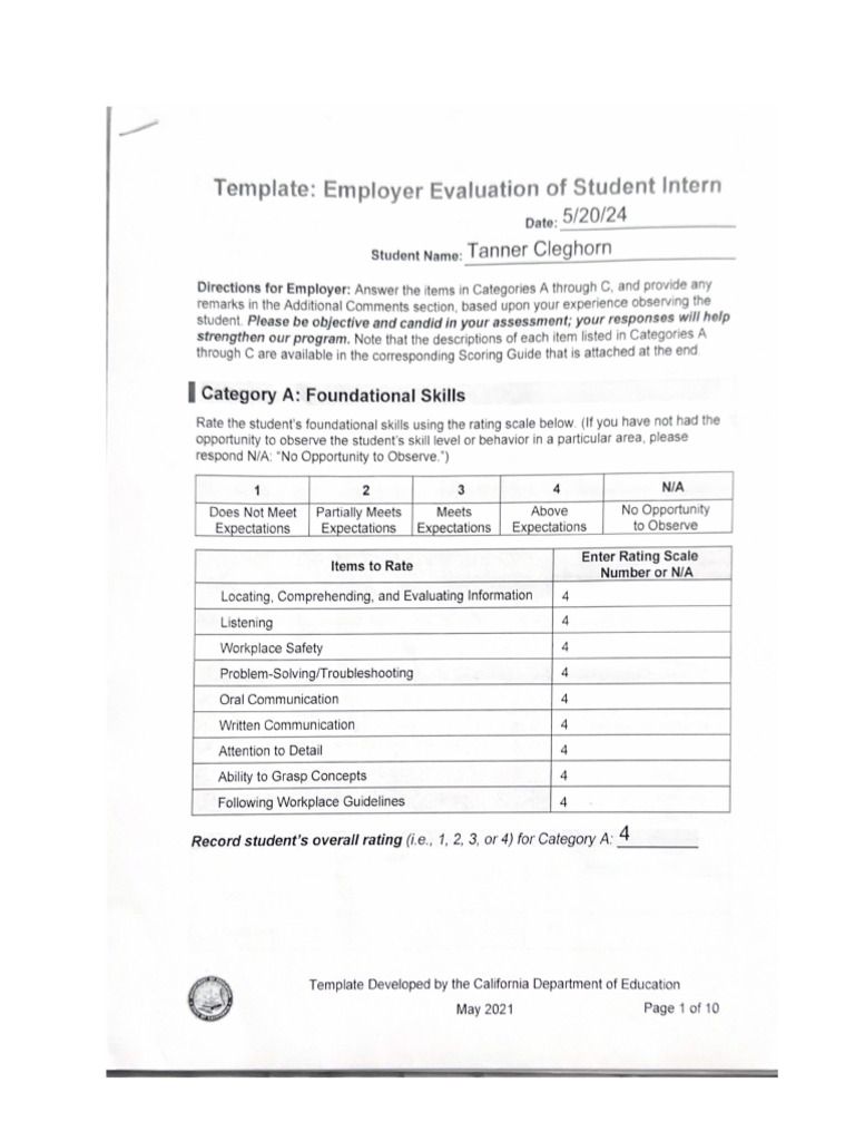 Template Employer Evaluation of Student Intern | PDF