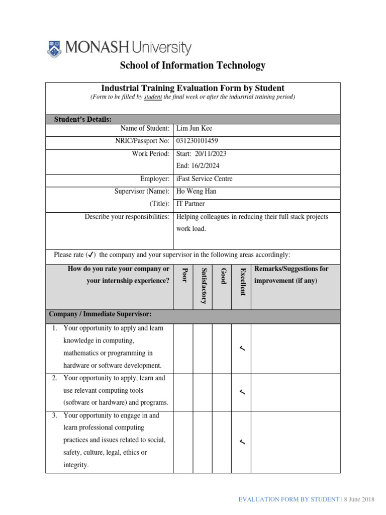 Evaluation Forms by Student Intern V 2023 - 33207798 - LimJunKee | PDF ...