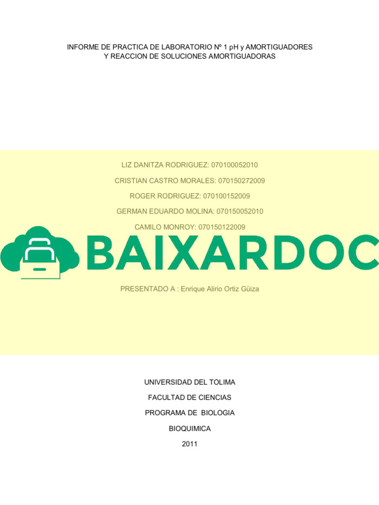 Informe de Practica de Laboratorio N 1 PH y Amortiguadores y Reaccion de Soluciones ...
