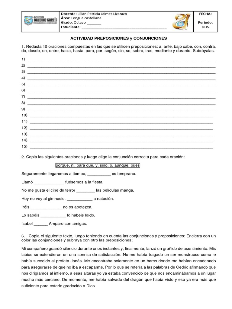 Actividad Preposiciones Conjunciones Pdf