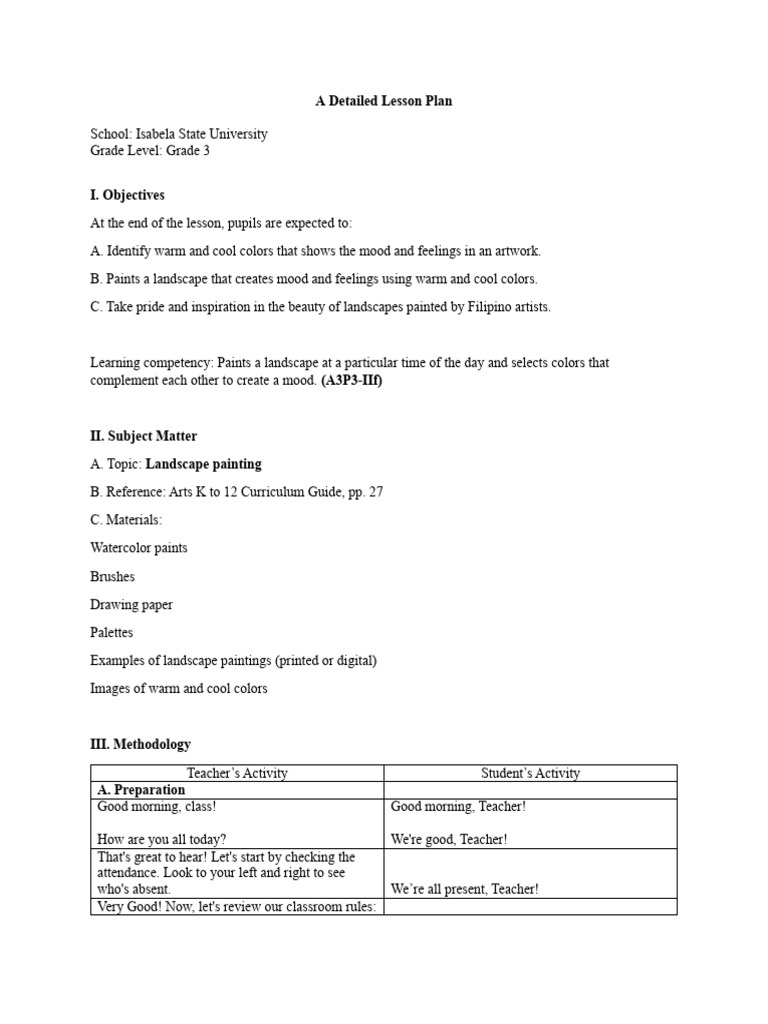 (G3) Arts-Detailed Lesson Plan | PDF | Paintings | Teachers