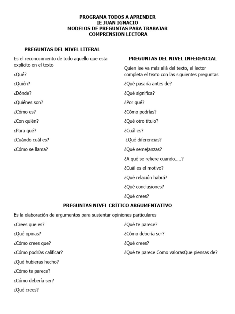 Preguntas para Comprensión Lectora | PDF | Comprensión lectora