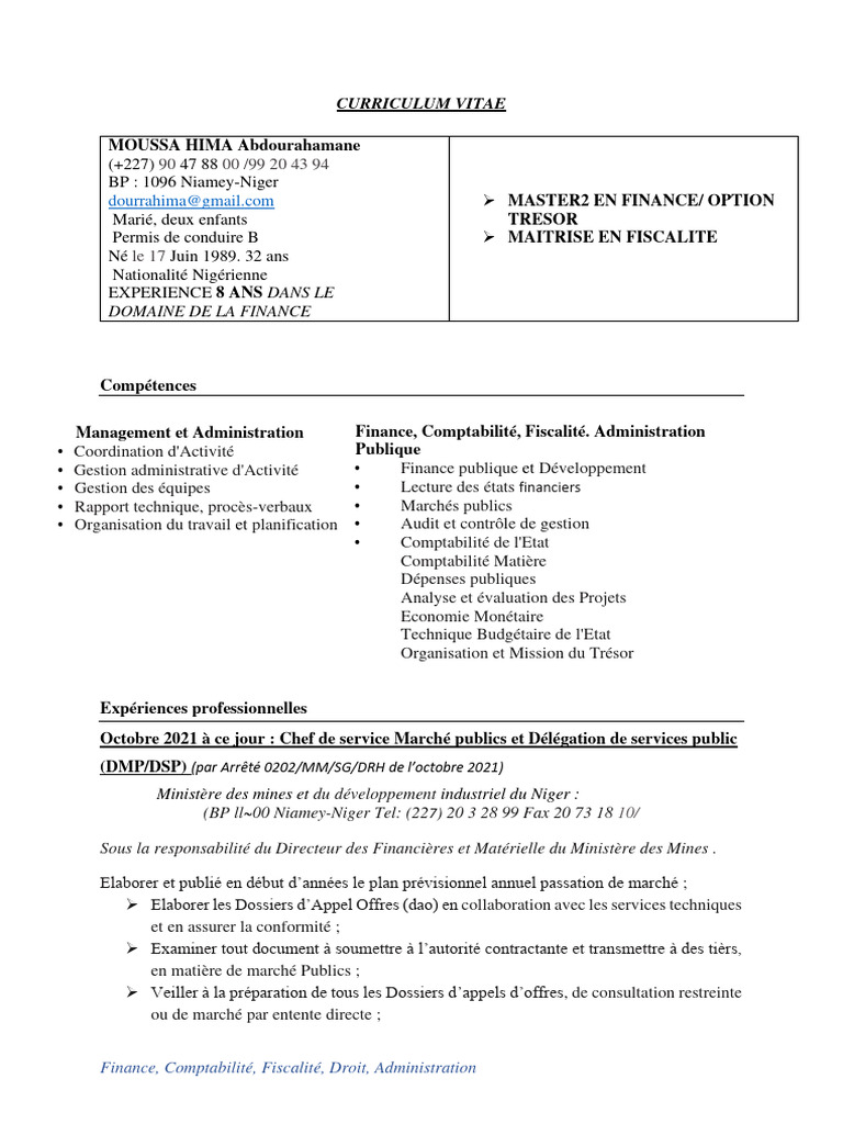 Moussa Hima Abdourahamane CV 2022 | PDF | Comptabilité | Impôts