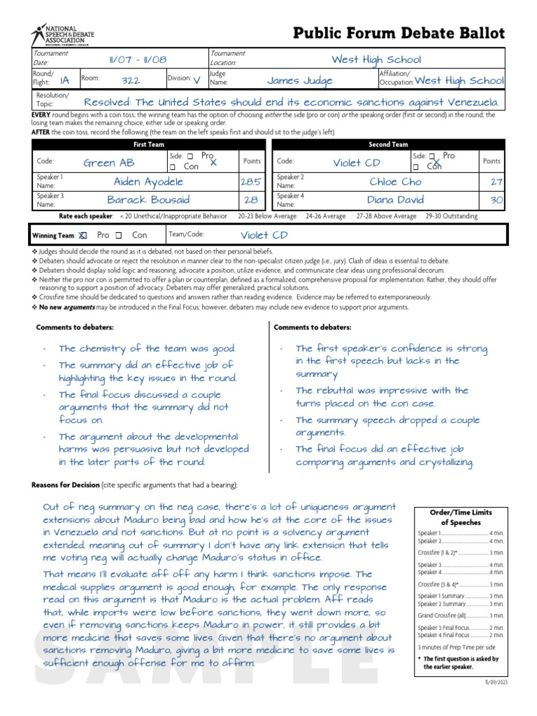 Sample Public Forum Debate Ballot Comments | PDF