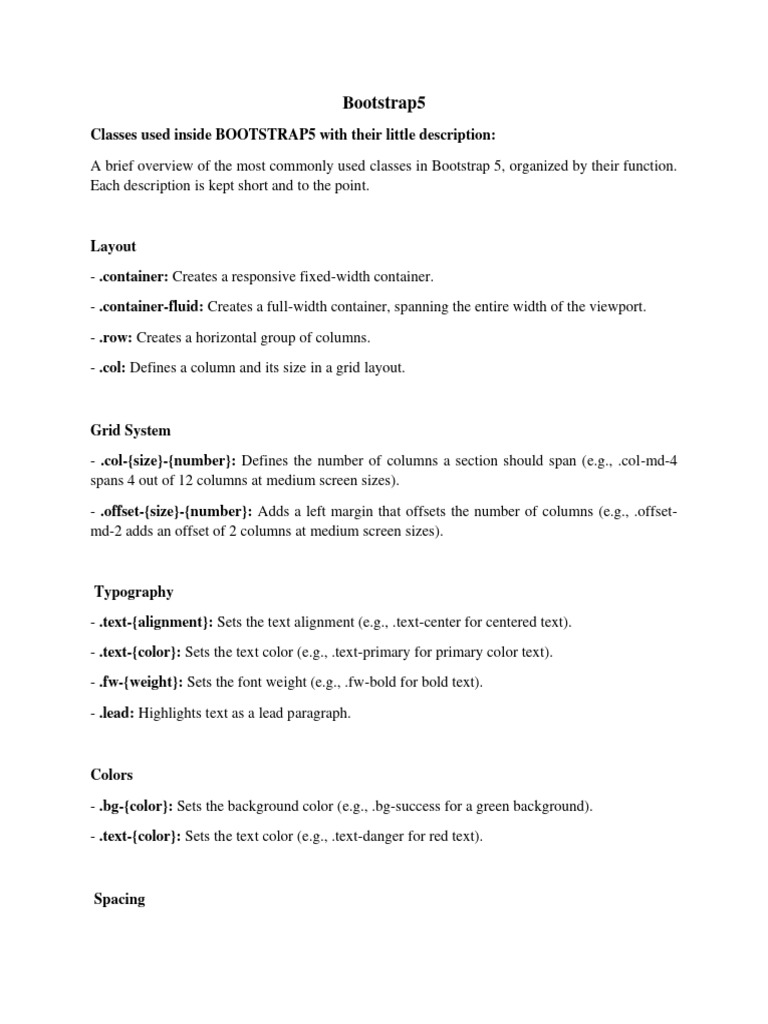 Bootstrap5 (BASIC CLASSES DESCIPTION) | PDF | Bootstrap (Front End ... Bootstrap5 (BASIC CLASSES DESCIPTION) | PDF | Bootstrap (Front End ...