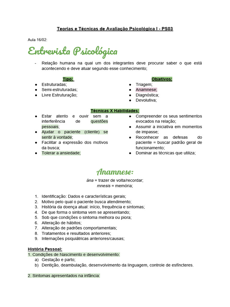 Teorias e Técnicas de Avaliação Psicológica I - PS03 | PDF | Avaliação ...
